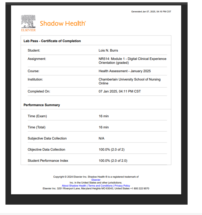 NR514 Assignment Week 1: Shadow Health Assignment - Conversation ...