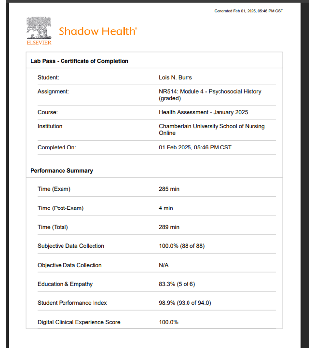 NR514 Assignment Week 4: Shadow Health Assignment - Psychosocial ...