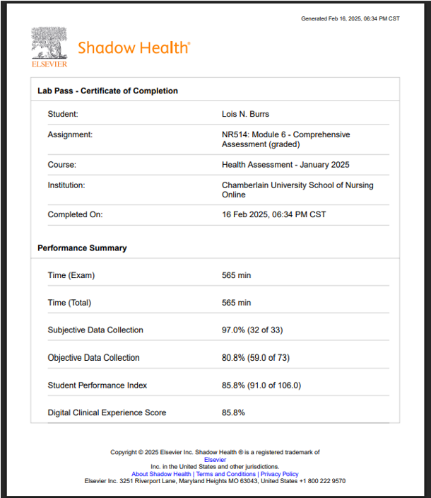 NR514 Assignment Week 6: Shadow Health Assignment - Comprehensive ...